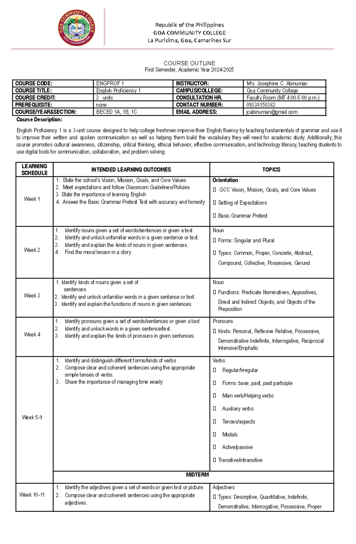 BECEd 1 Course Outline for ENG PROF1 - Republic of the Philippines GOA ...