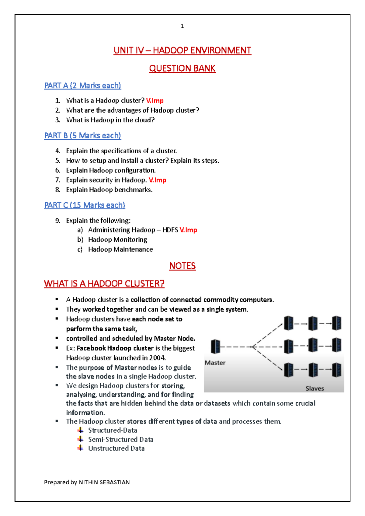 bigdata UNIT 4-1 - UNIT IV – HADOOP ENVIRONMENT QUESTION BANK PART A (2 Marks each) What is a ...