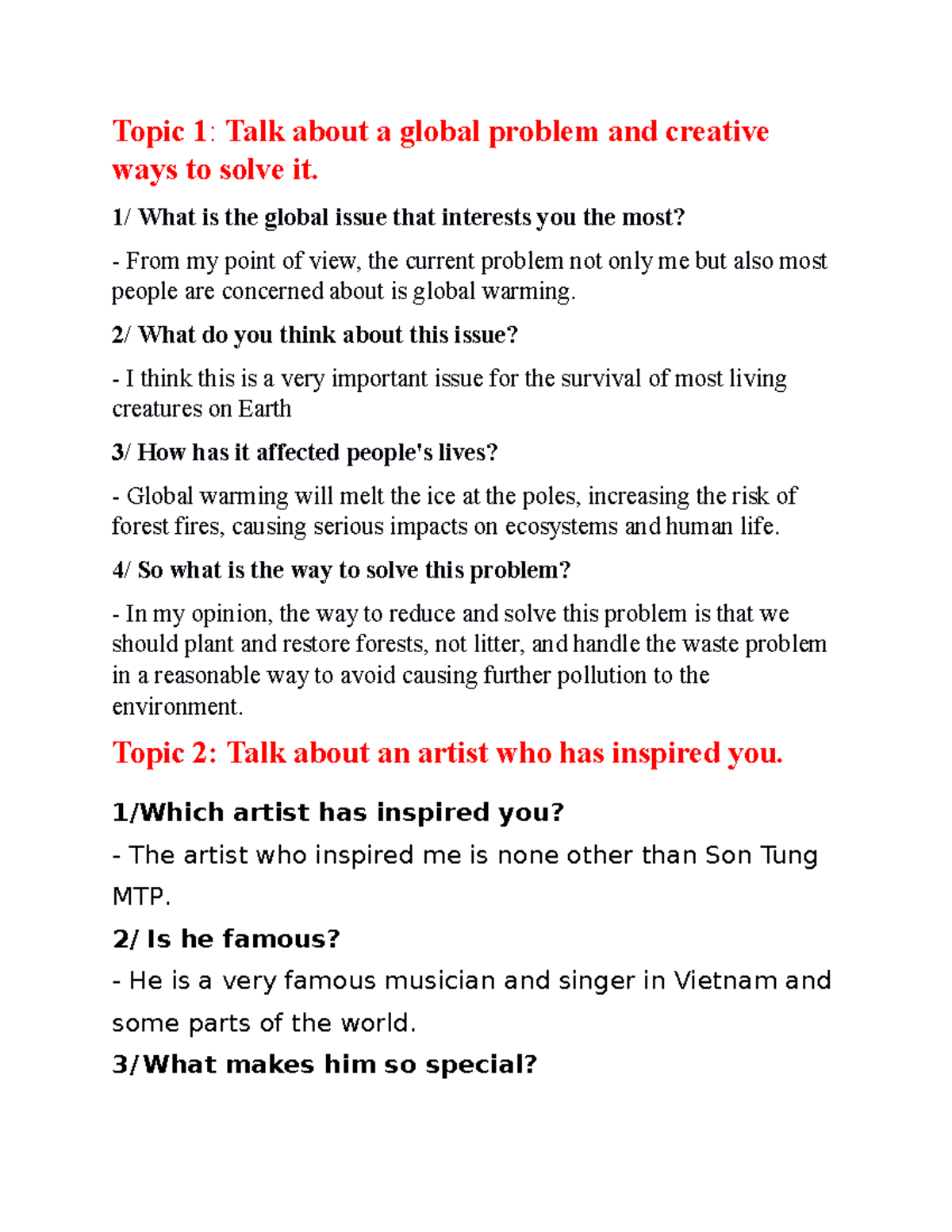 Topic Spearking Examination - Topic 1: Talk about a global problem and ...