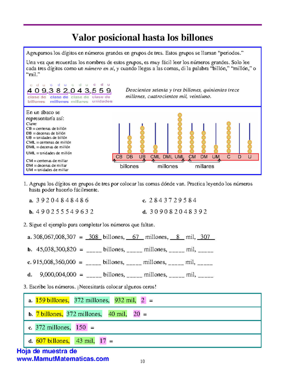 Valor posicional 5 US Valor posicional hasta billones - Valor ...