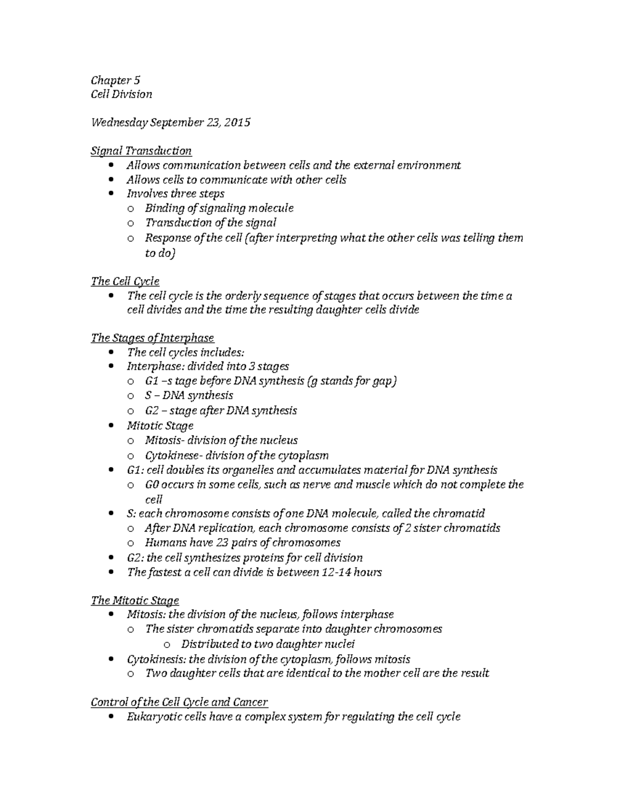 Chapter 5 205 - Lecture notes 9 - Chapter 5 Cell Division Wednesday ...