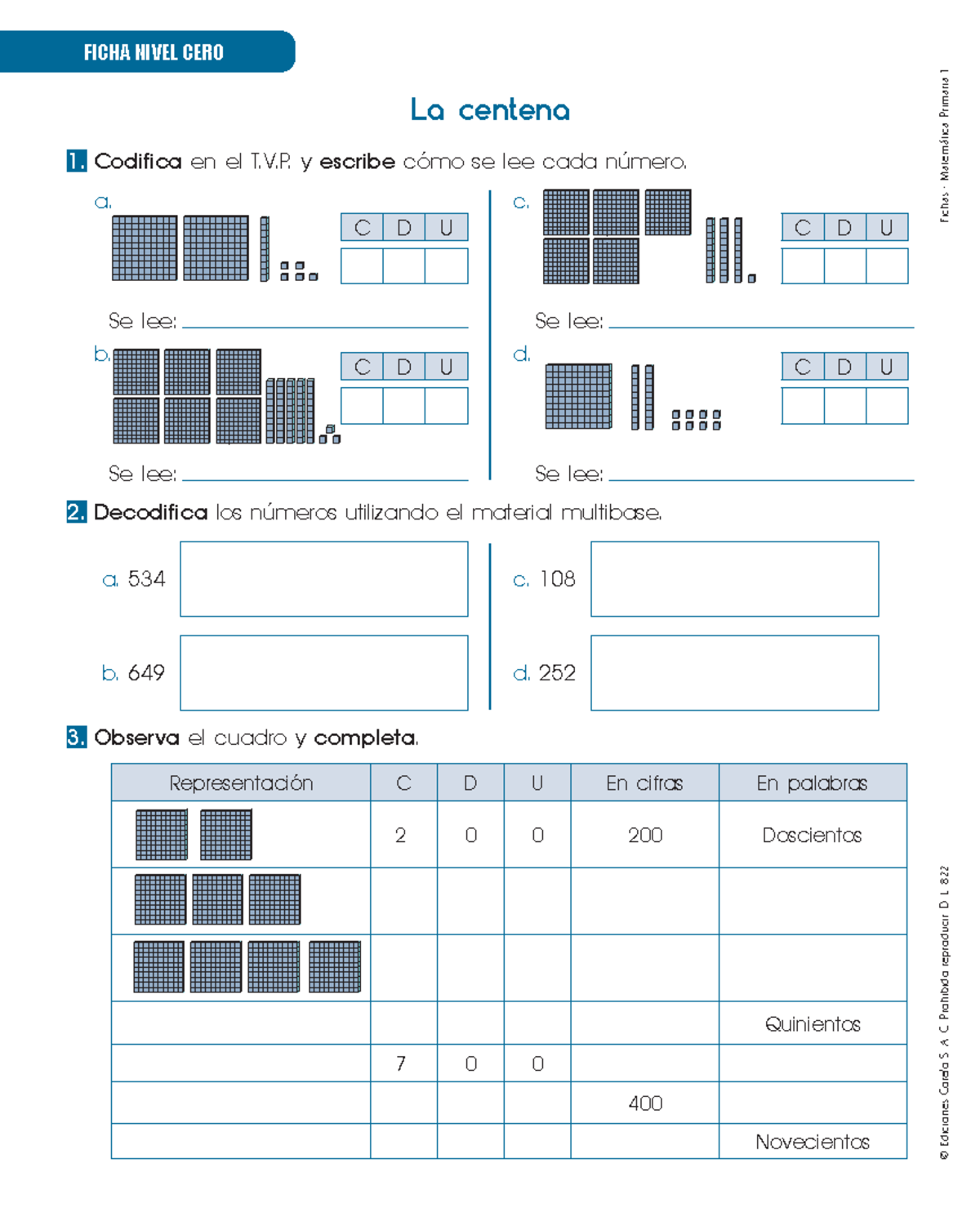 F0 La centena - Matemática - Fichas - Matemática Primaria 1 © Ediciones Corefo S. A. C ...
