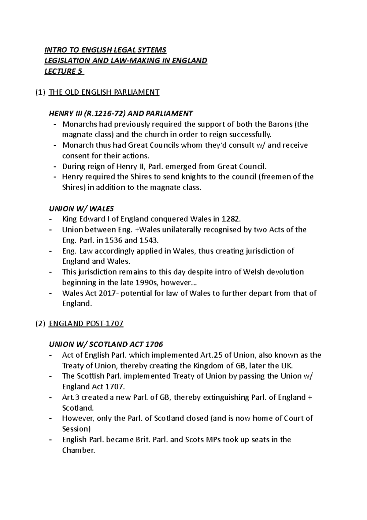 ELS-L5 lecture notes - INTRO TO ENGLISH LEGAL SYTEMS LEGISLATION AND ...