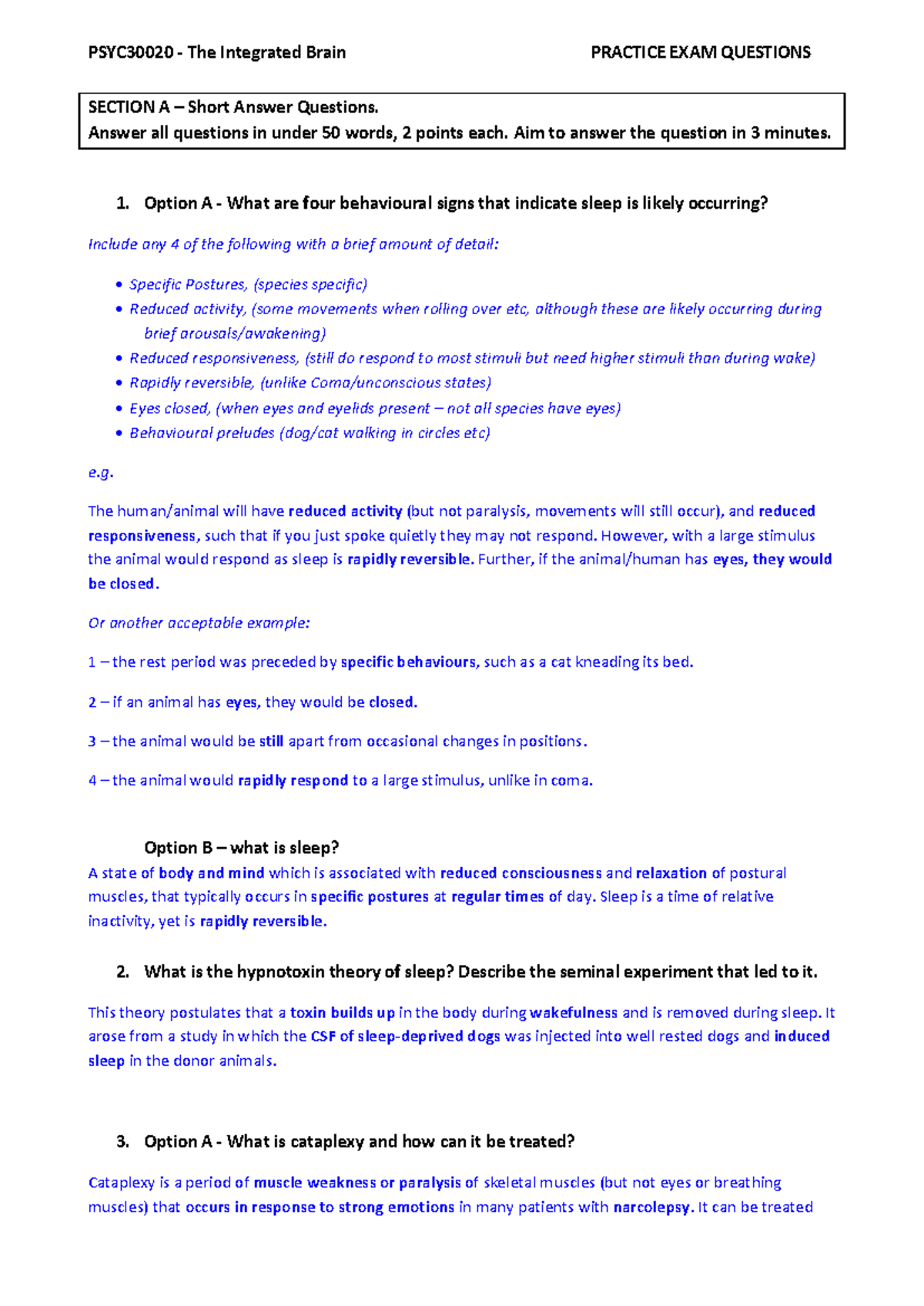 PSYC30020 - Practice exam answers - PSYC 30020 - The Integrated Brain PRACTICE EXAM QUESTIONS ...