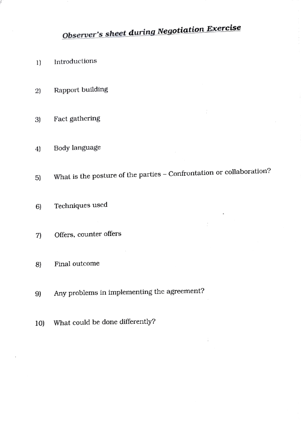 Negotiation observers sheet negotiation - BA.LLB. (Hons) - Observer's sheet during Negotiation ...