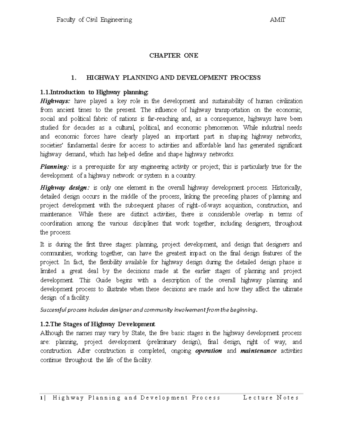 1. Highway Planning - lecture note - CHAPTER ONE 1. HIGHWAY PLANNING ...
