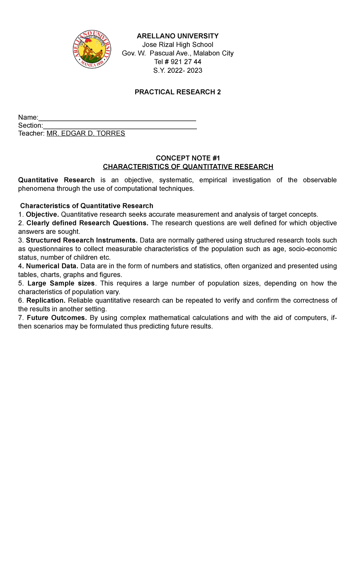 Concept NOTE# 1 - Lesson 1 - ARELLANO UNIVERSITY Jose Rizal High School ...