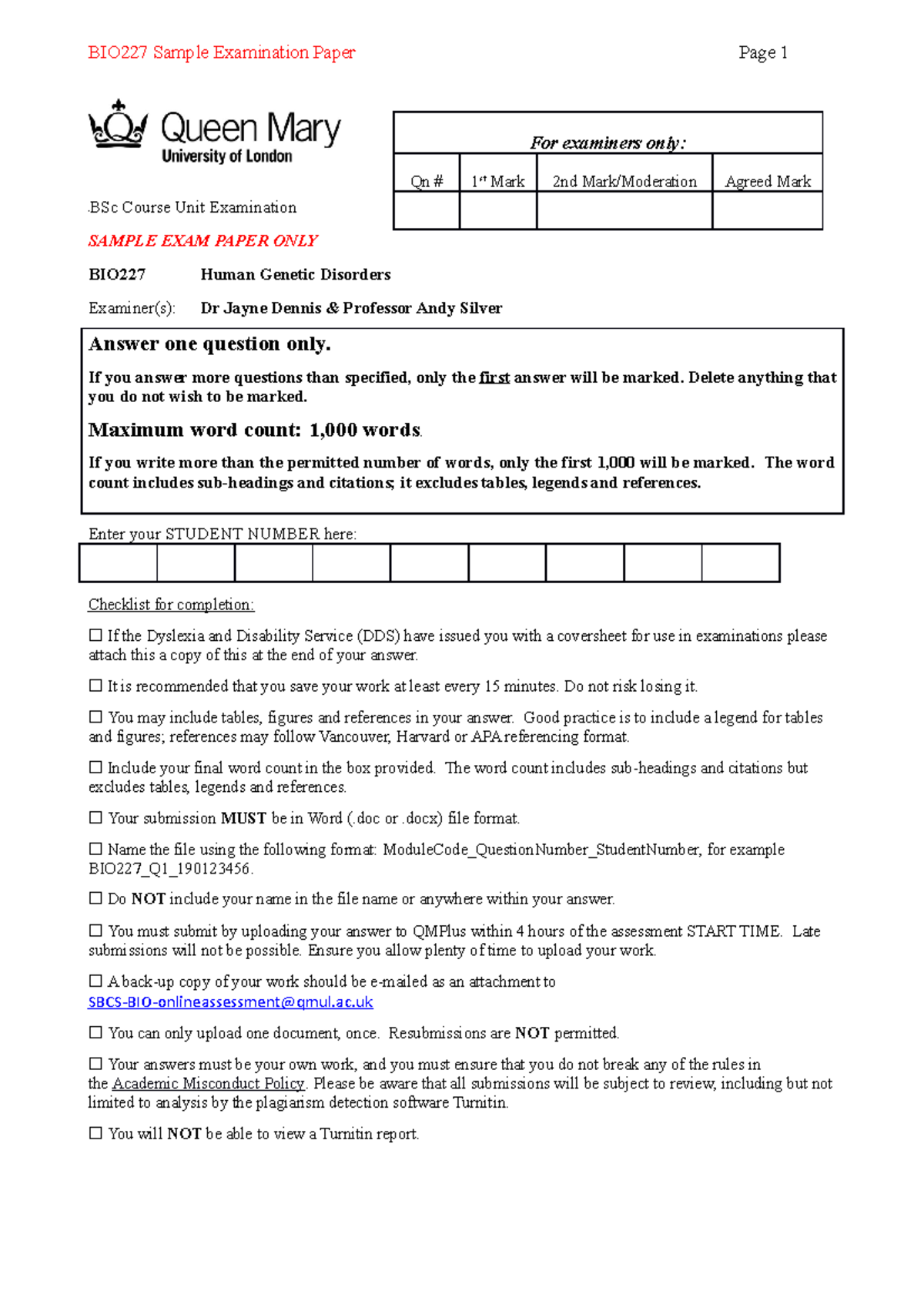 BIO277 specimen exam paper - BIO227 Sample Examination Paper Page 1 ...