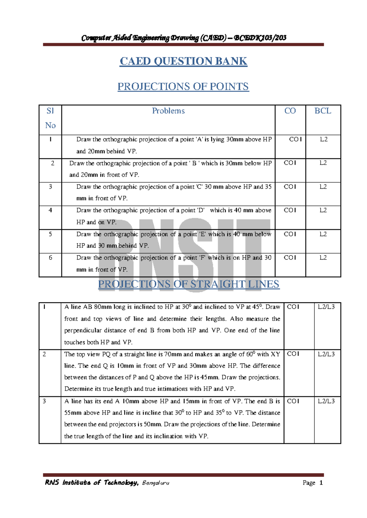 CAED Questions - Question bank - CAED QUESTION BANK PROJECTIONS OF ...