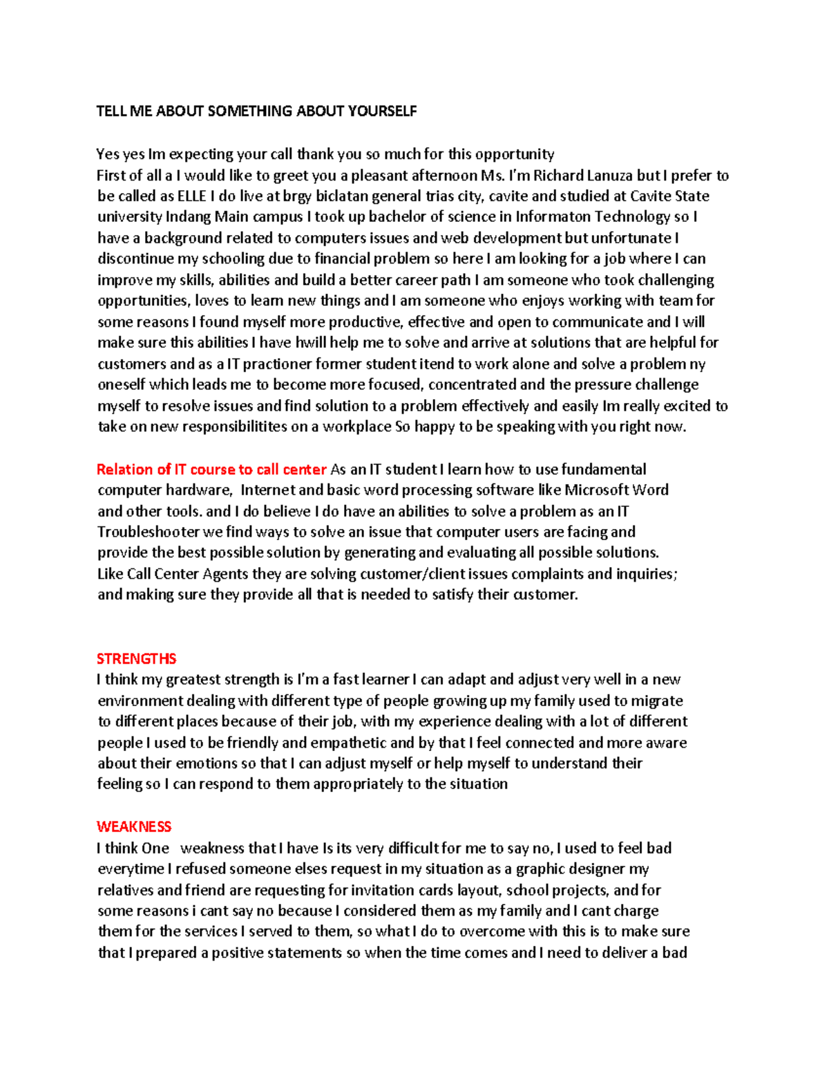 Call Center Initial and Final Interview - TELL ME ABOUT SOMETHING ABOUT ...