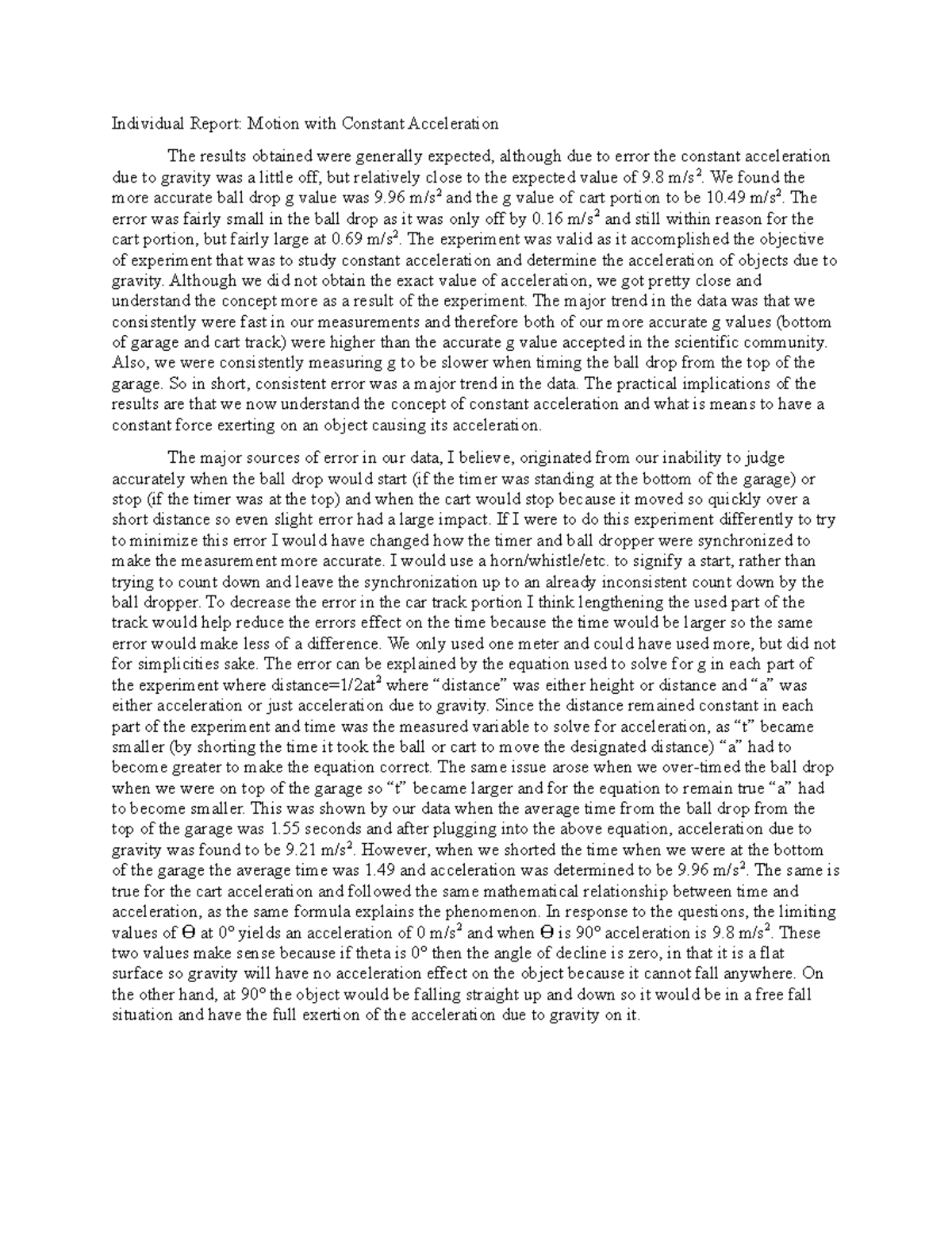 Lab 2 (motion with constant acceleration) - Individual Report: Motion with Constant Acceleration ...