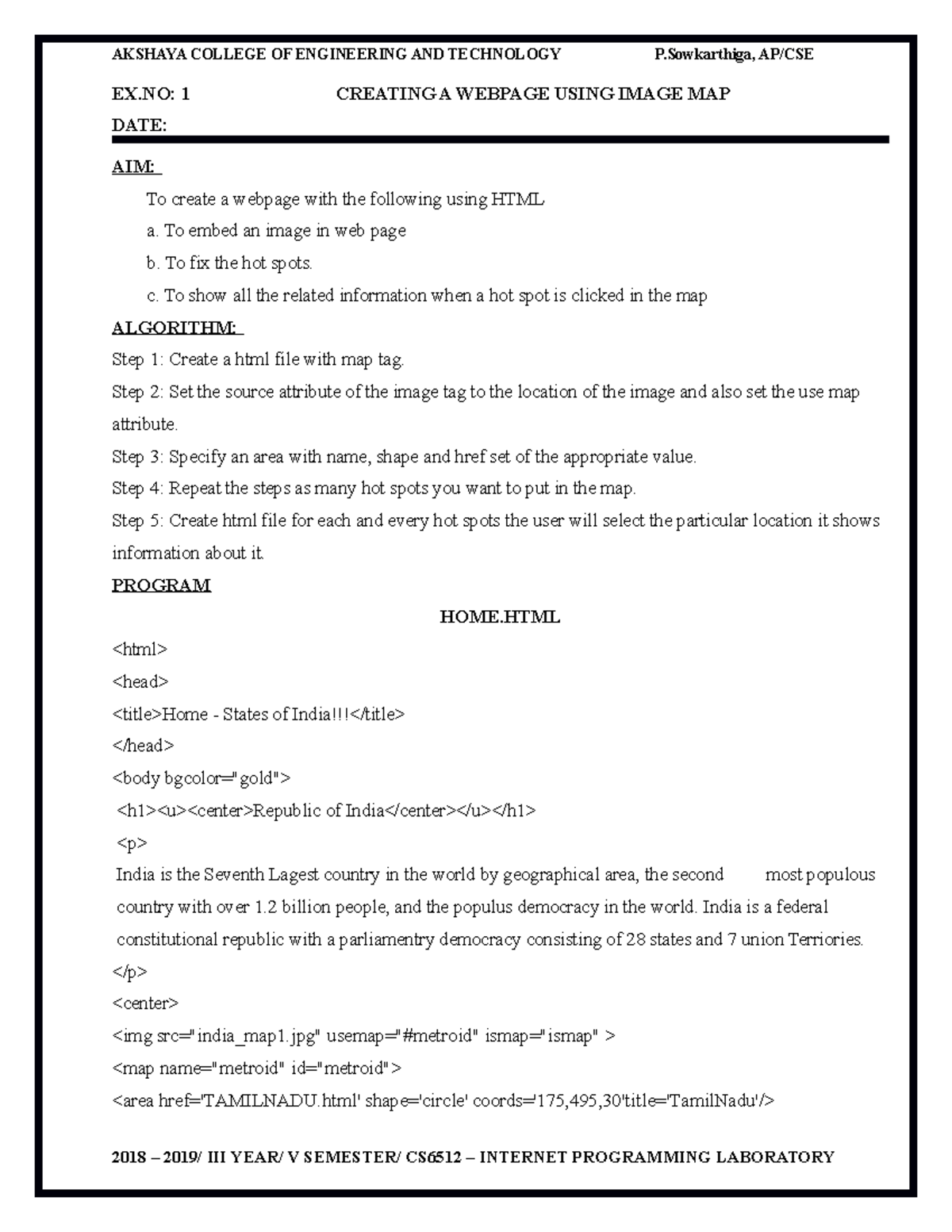 internet programming manual - EX: 1 CREATING A WEBPAGE USING IMAGE MAP DATE: AIM: To create a ...