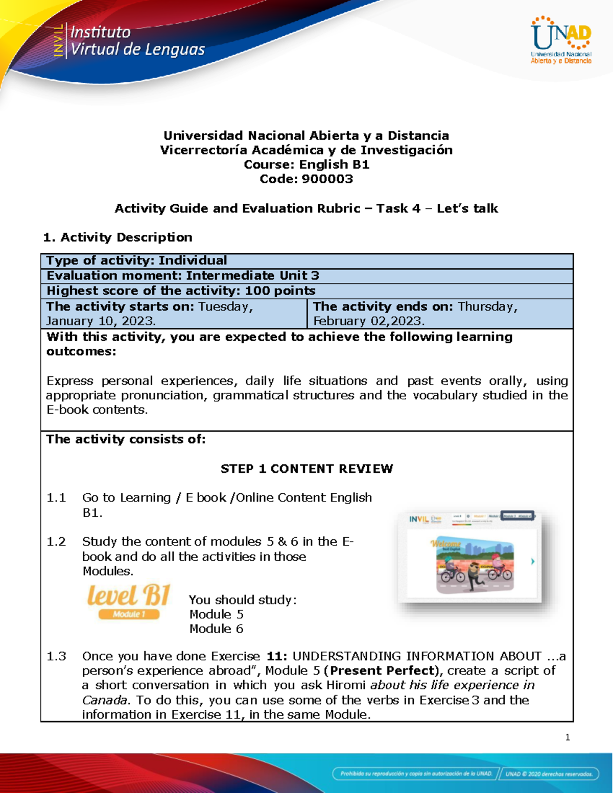 Activities guide and evaluation rubric - Unit 3 - Task 4 - Lets talk ...