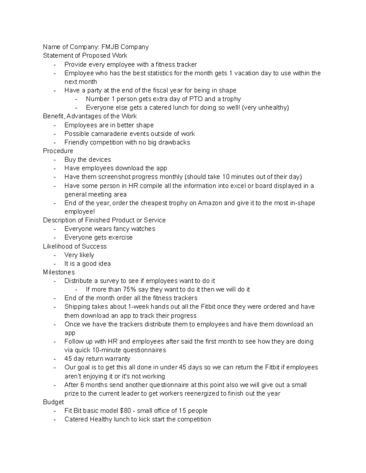 Internal Proposal Classwork - Name of Company: FMJB Company Statement ...
