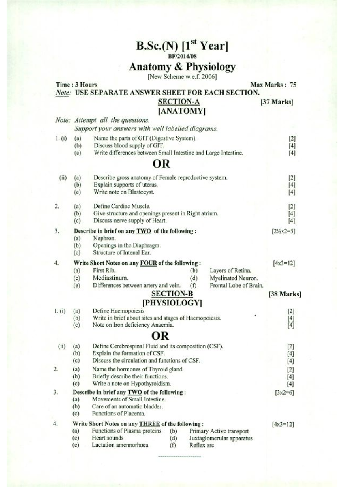 Anatomy and Physiology Pyqs Bfuhs - B.(N) st Anatomy Physiology Scheme w.e. Time : 3 Hours Max ...