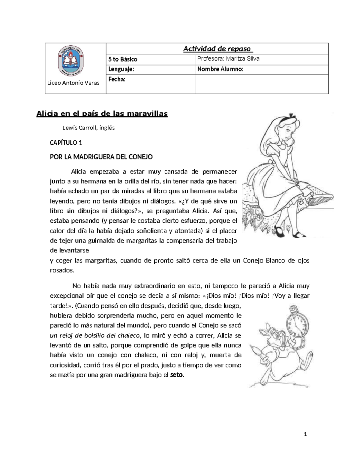 Alicia en el pais de las maravillas 5to - Liceo Antonio Varas Actividad ...