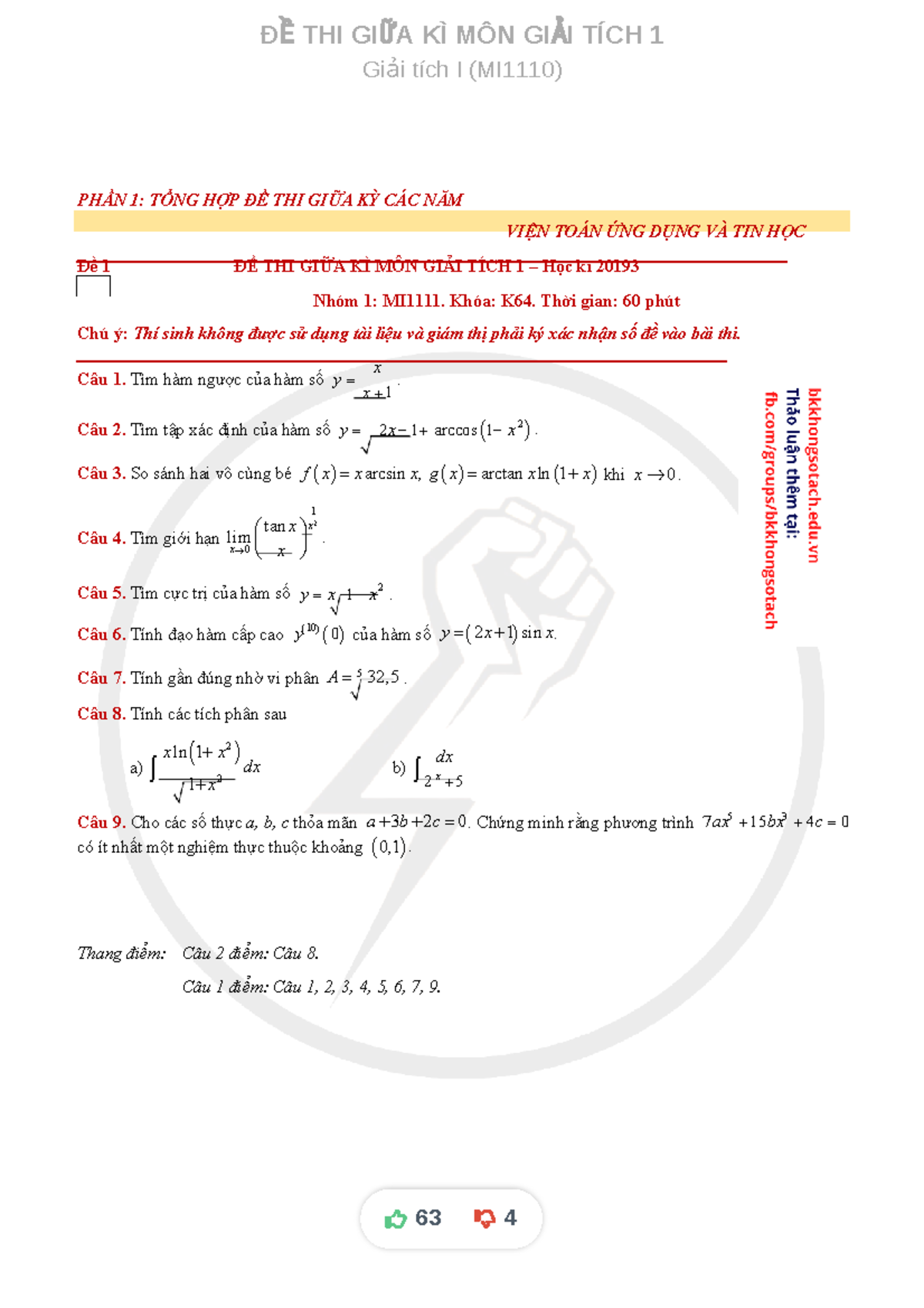 De-thi-giua-ki-mon-giai-tich-1 compress - ĐỀ THI GIỮA KÌ MÔN GIẢI TÍCH 1 ####### Giải tích I ...