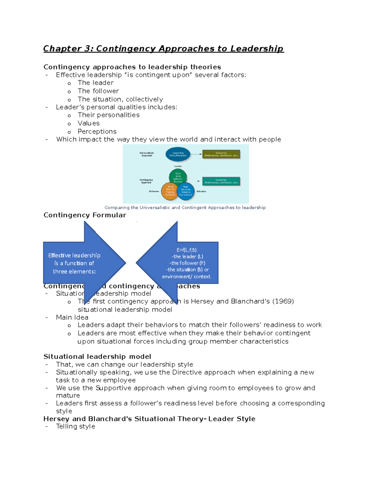 Intro to leadership chapter 3 - Chapter 3: Contingency Approaches to ...