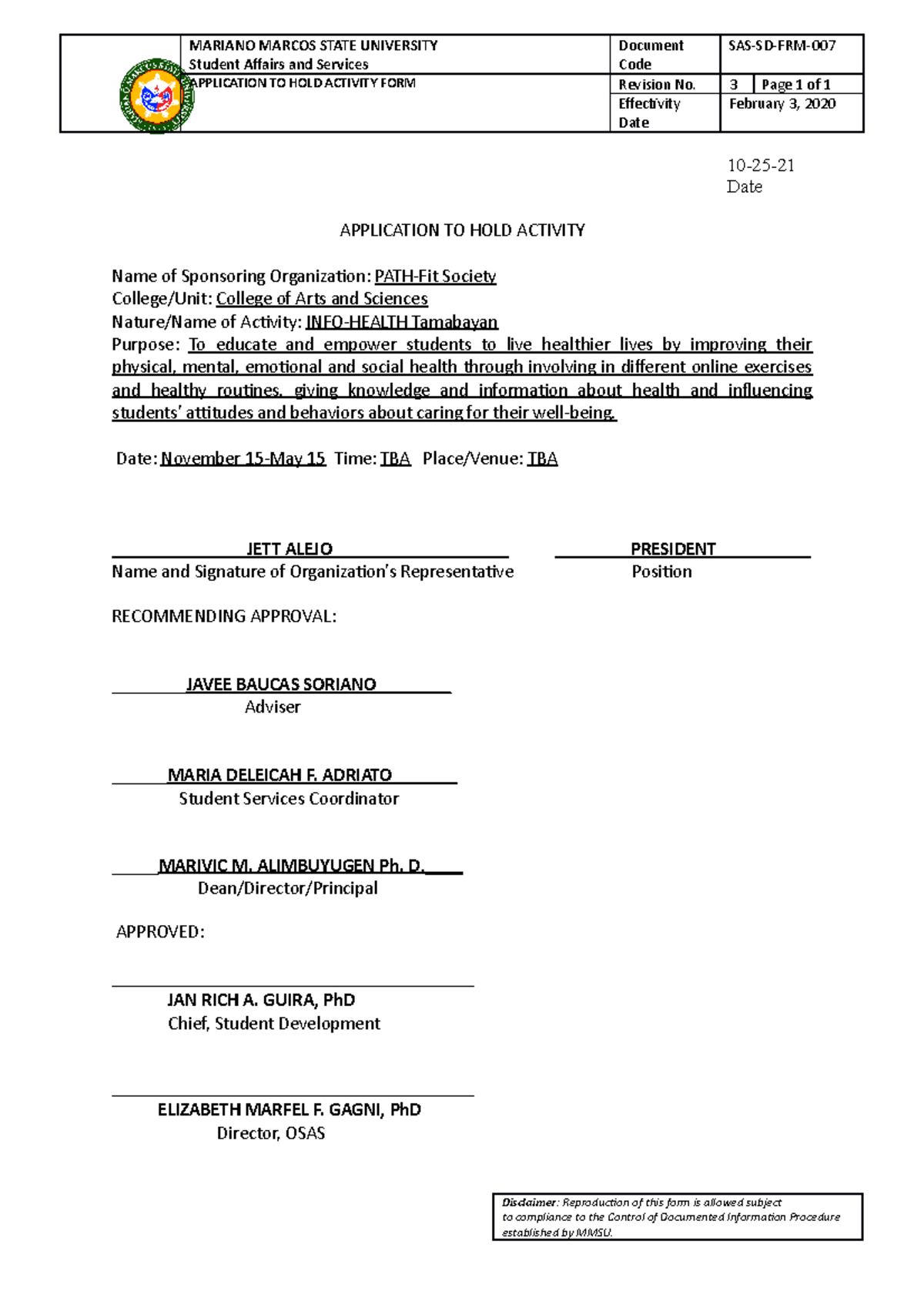 FORM-7- Applicationto-HOLD- Activity-INFO- Health Tambayan - Biology ...