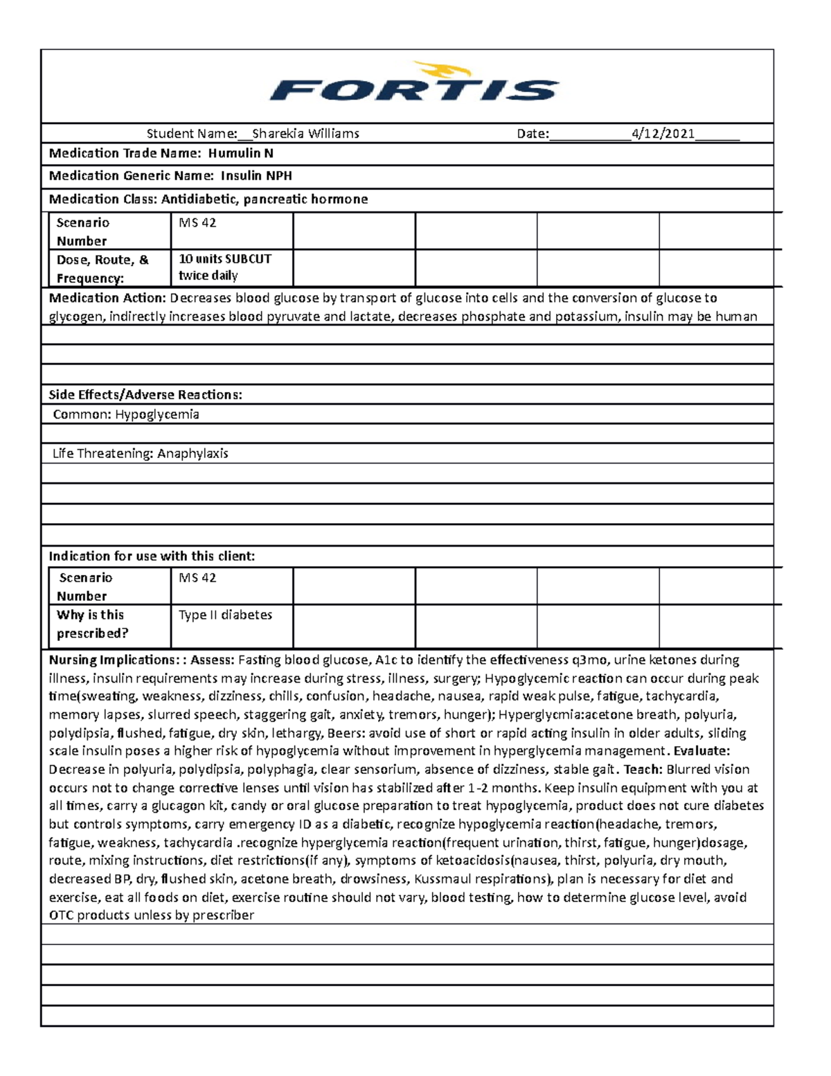 Mathias drug card insulin NPH - Student Name:__Sharekia Williams Date ...