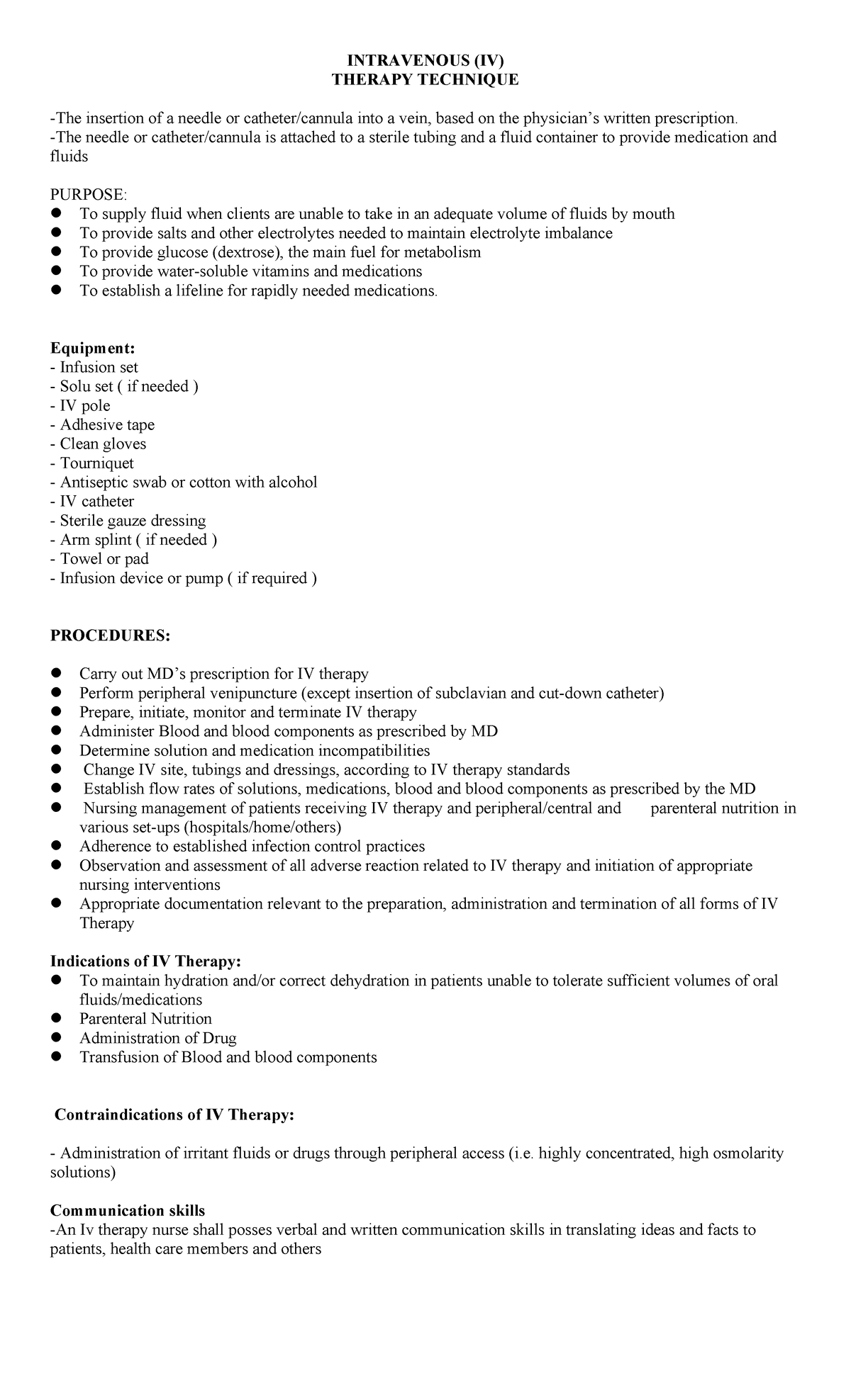 Procedures - ASDF - INTRAVENOUS (IV) THERAPY TECHNIQUE The insertion of ...
