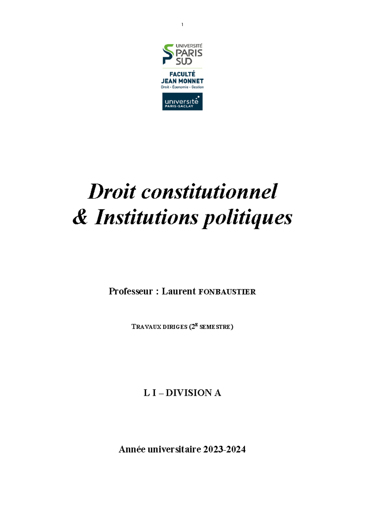 Fascicule de TD DC Sceaux semestre 2 20232024 - Droit constitutionnel ...