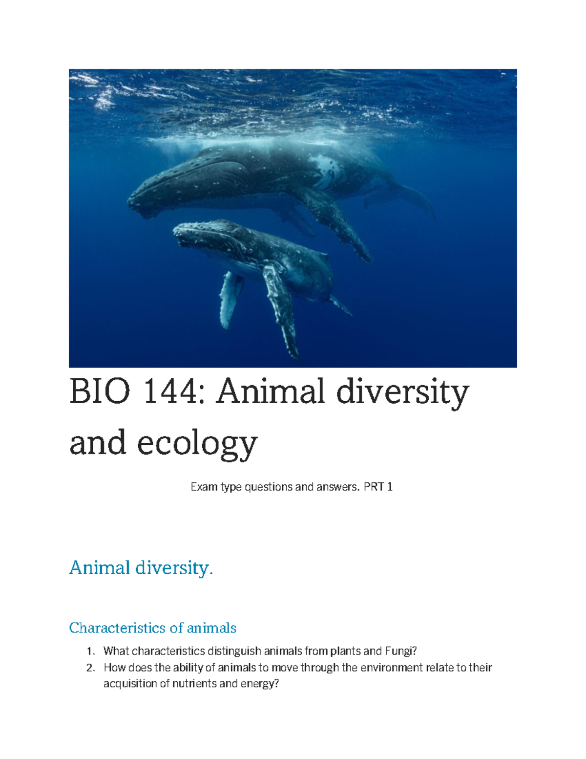 Animal diversity questions - BIO 144: Animal diversity and ecology Exam ...