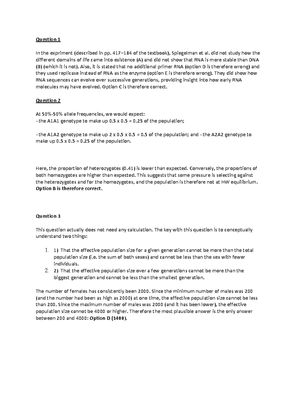 Evolution 1 midterm practice questions - Solutions - Question 1 In the ...
