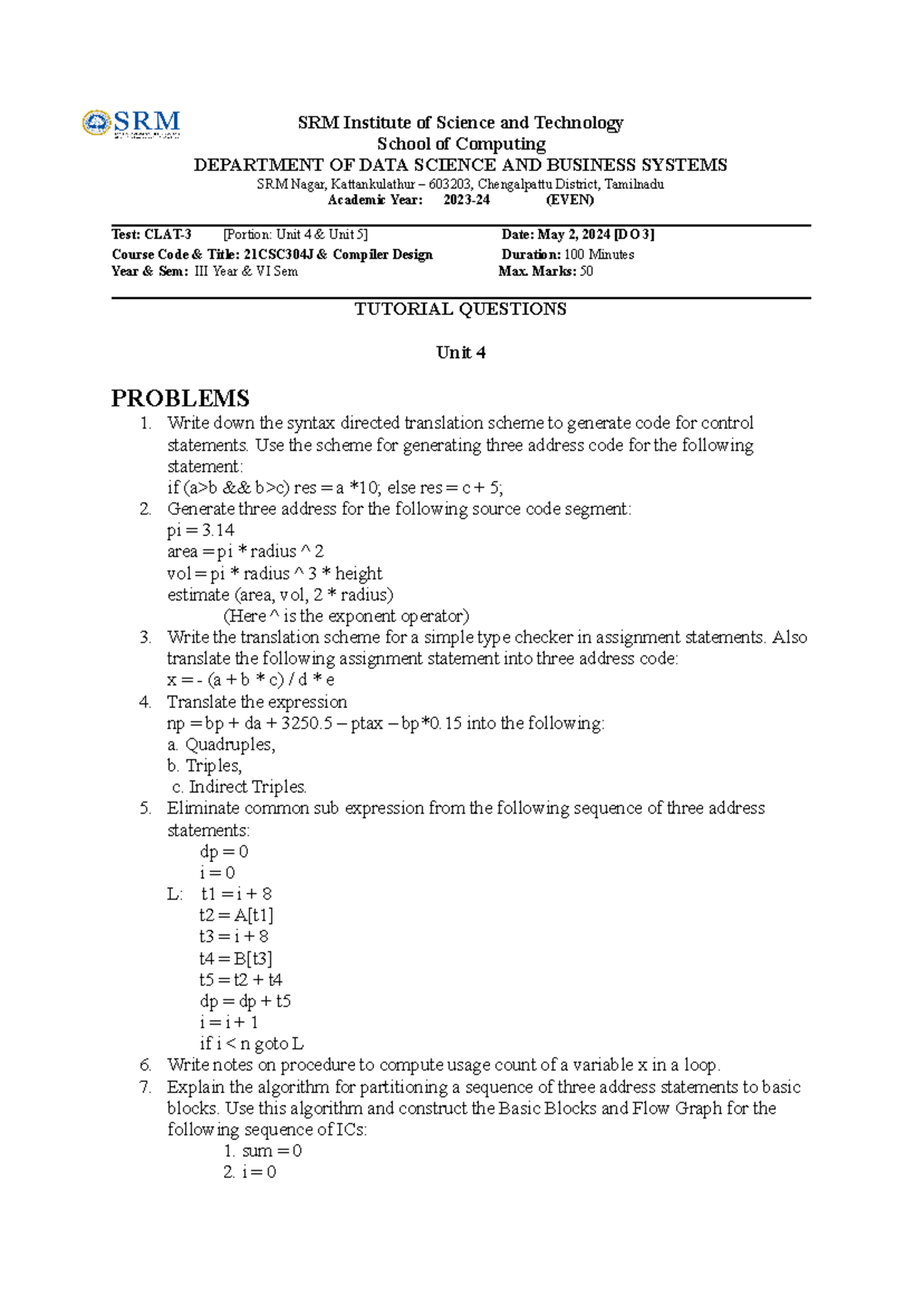 Ct3 Tutorial Questions Srm Institute Of Science And Technology School Of Computing Department