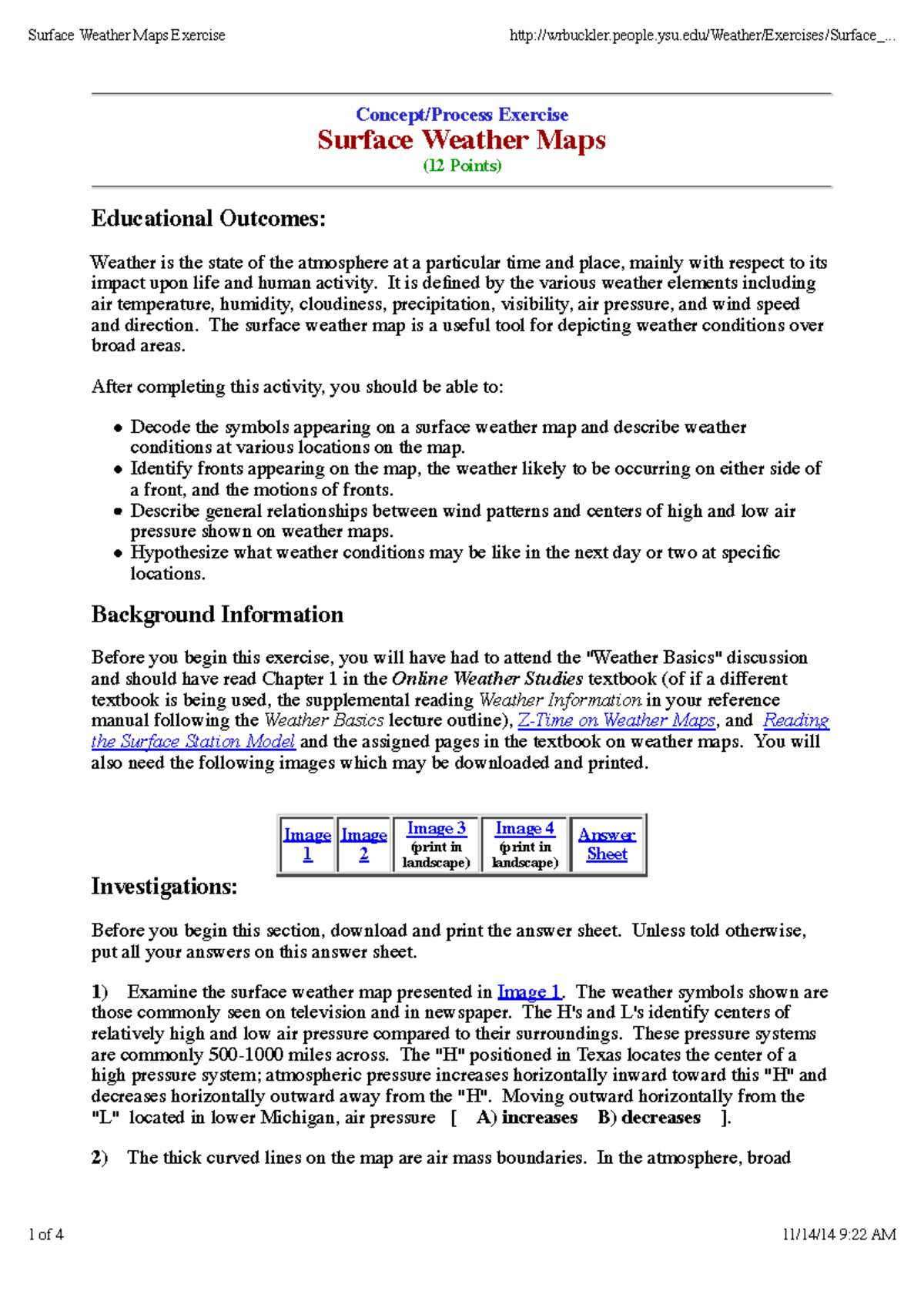 Surface Weather Maps Exercise - Concept/Process Exercise Surface ...
