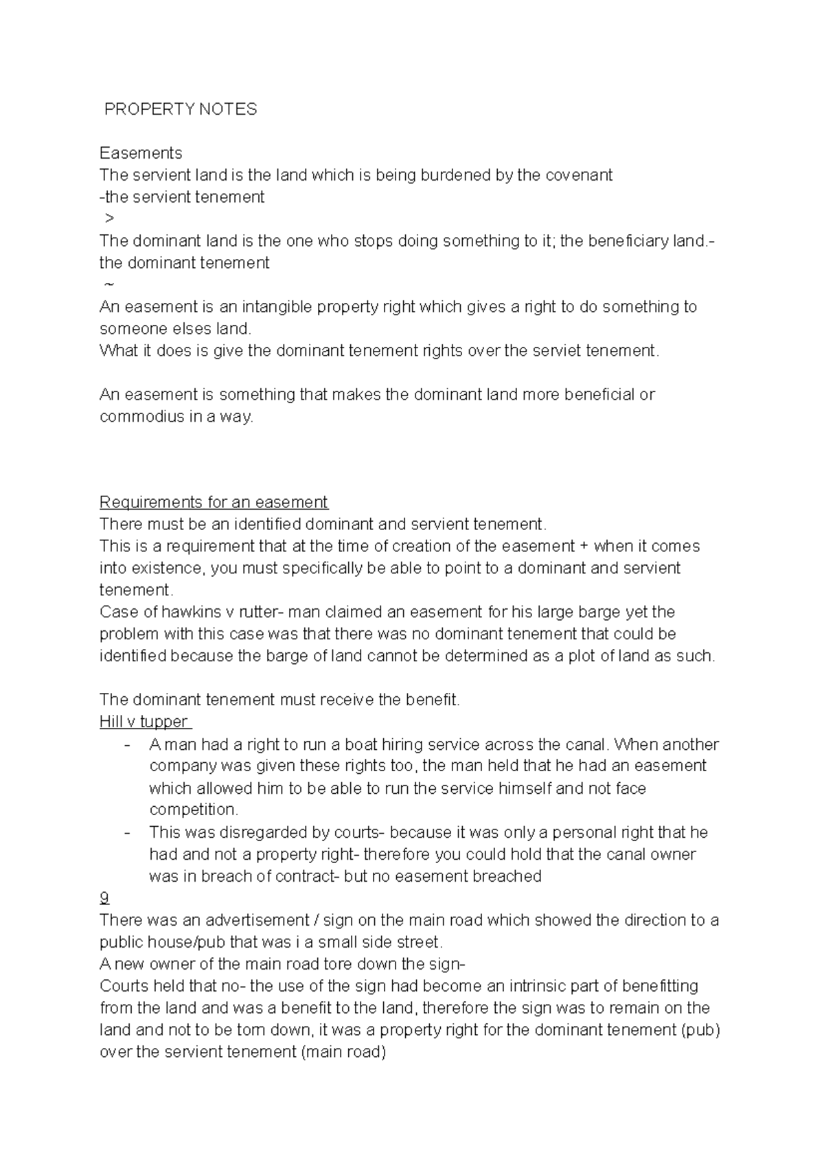 Property Notes - PROPERTY NOTES Easements The servient land is the land ...