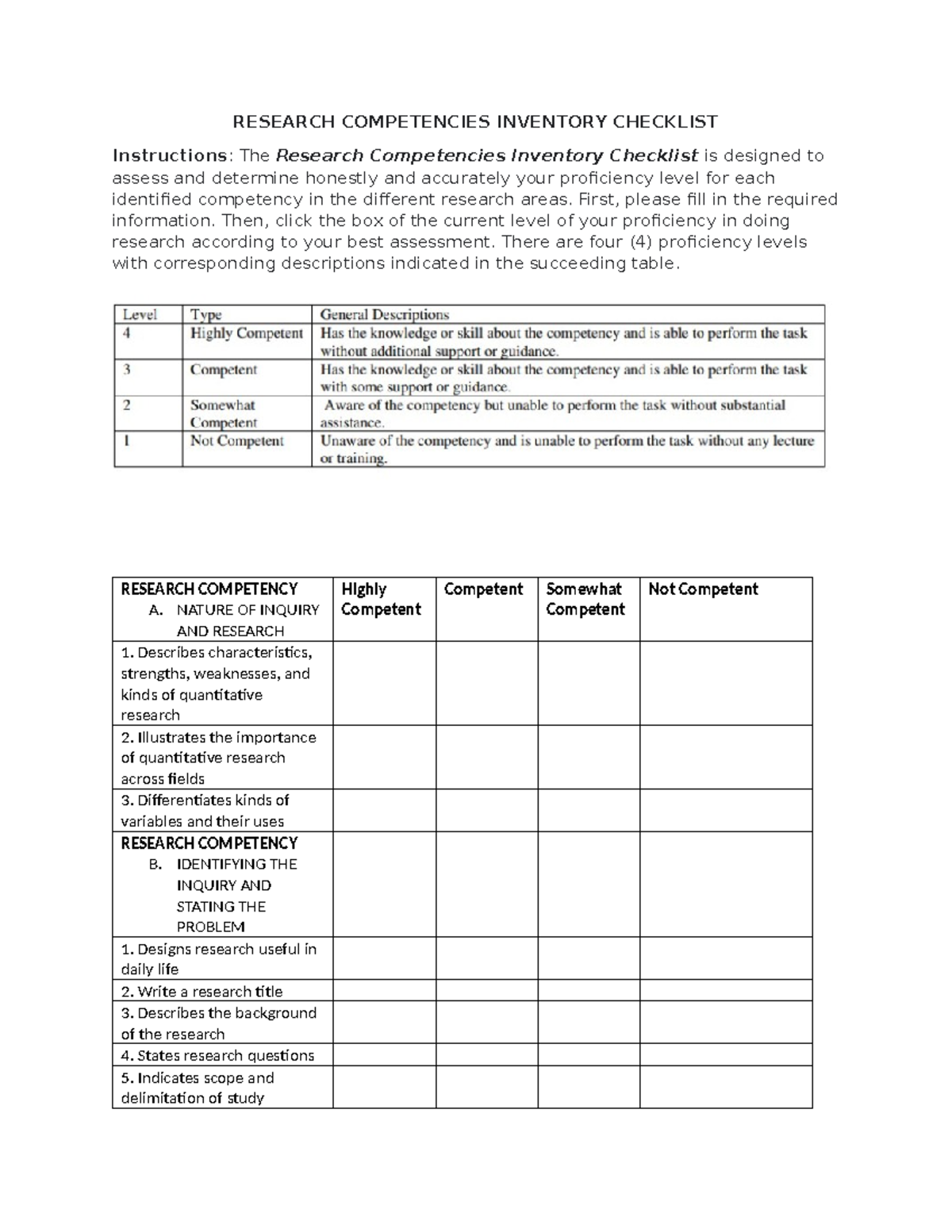 Research Competencies Inventory Checklist - First, please fill in the ...