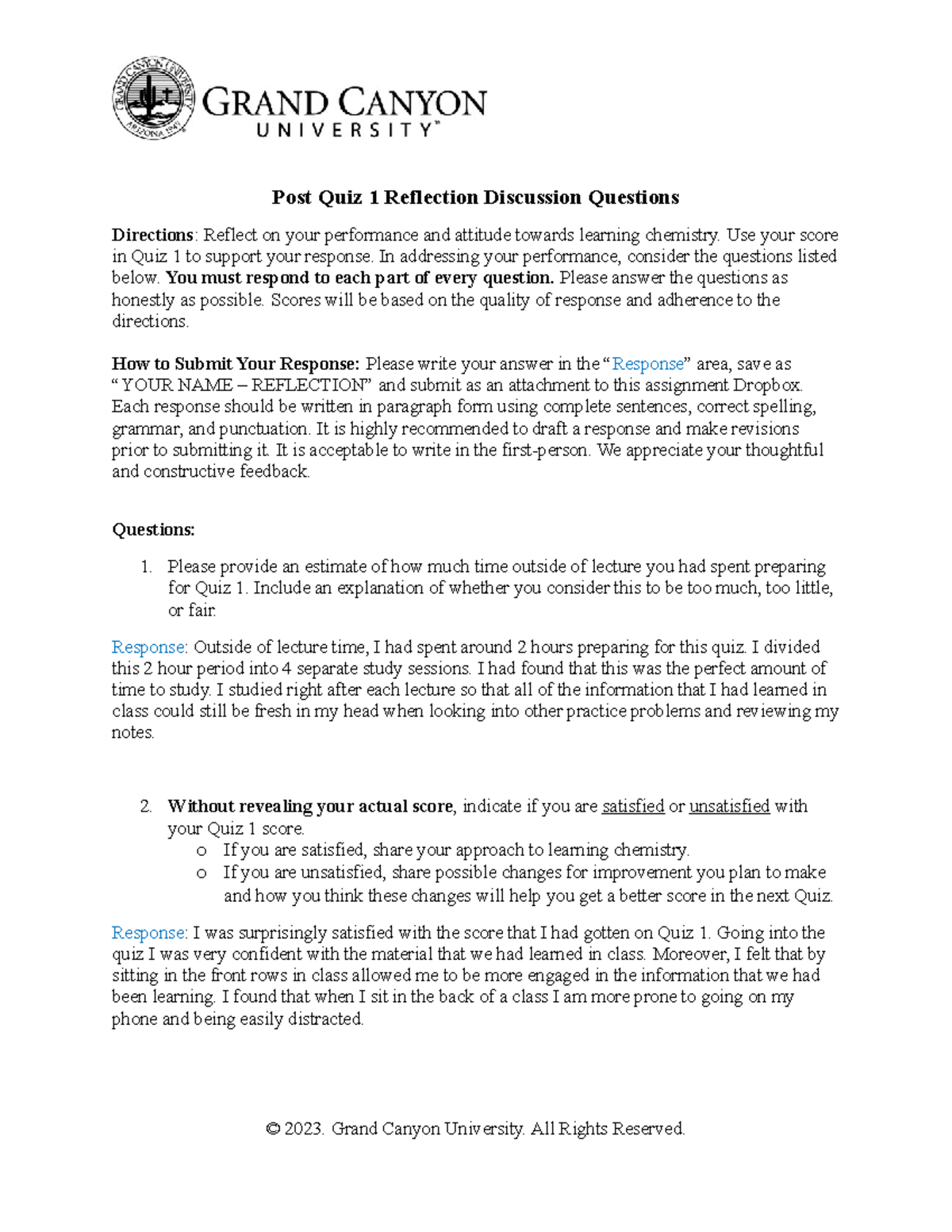 CHM111 Reflection DQ-FA23 - Post Quiz 1 Reflection Discussion Questions ...