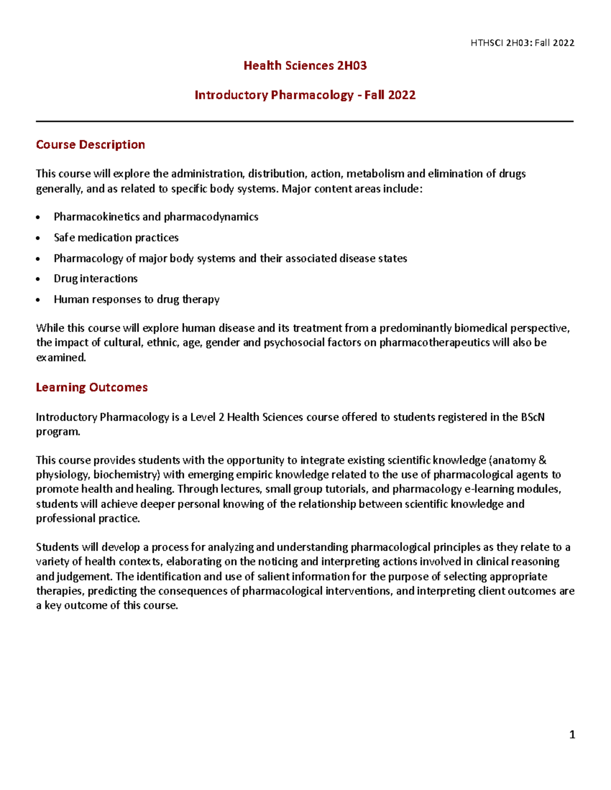 Hthsci 2H03 Course Outline 2022 - Health Sciences 2H Introductory ...