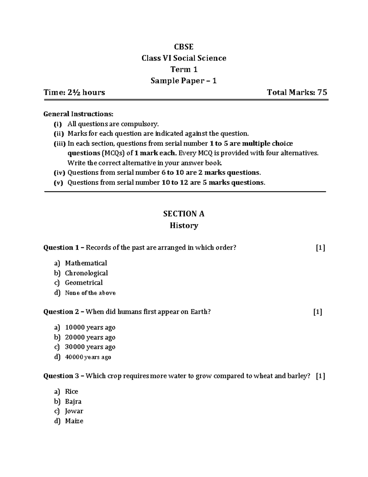 Paper-1 - Social studies Paper for Grade 6 CBSE - CBSE Class VI Social ...