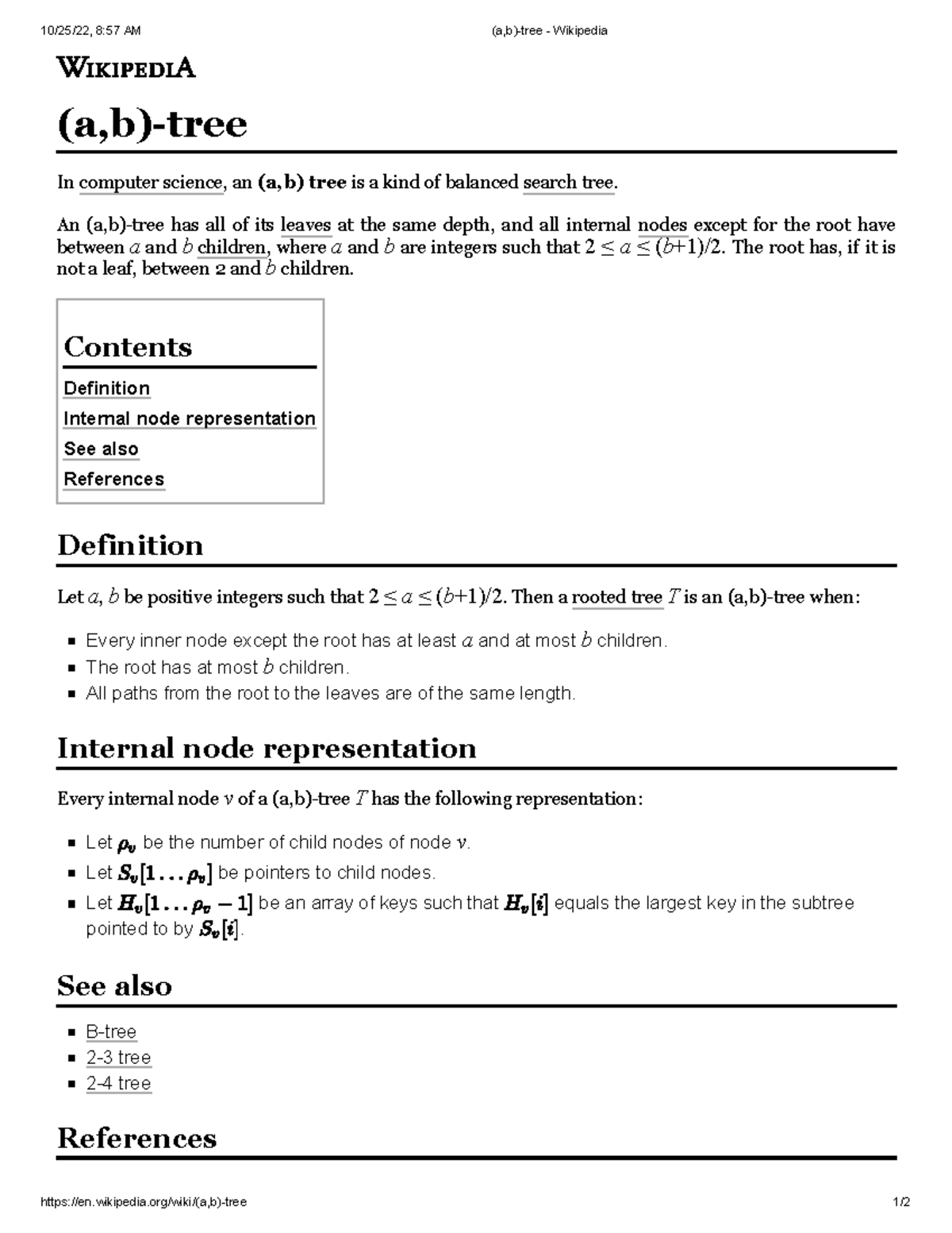 (a,b)-tree - Wikipedia - 10/25/22, 8:57 AM (a,b)-tree - Wikipedia en ...
