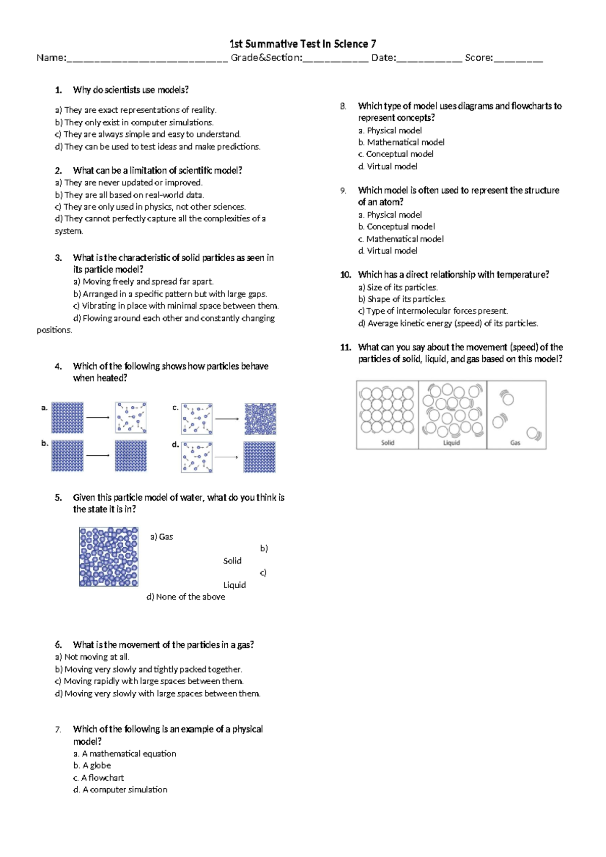 1st Summative Test Grade 7 2024-2025 - 1st Summative Test in Science 7 ...