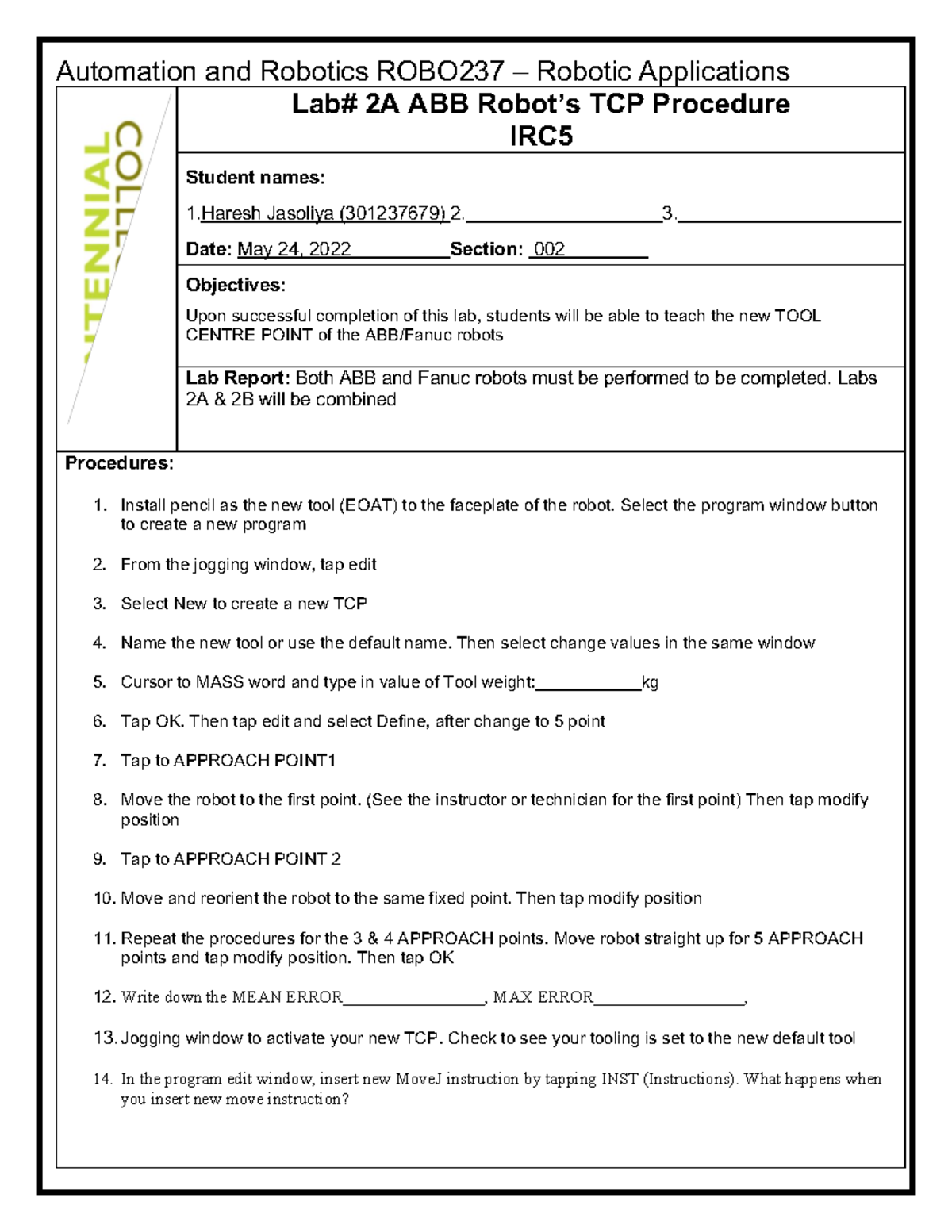 Lab 2 - Lab 2-ROBO237 - Automation and Robotics ROBO237 – Robotic ...