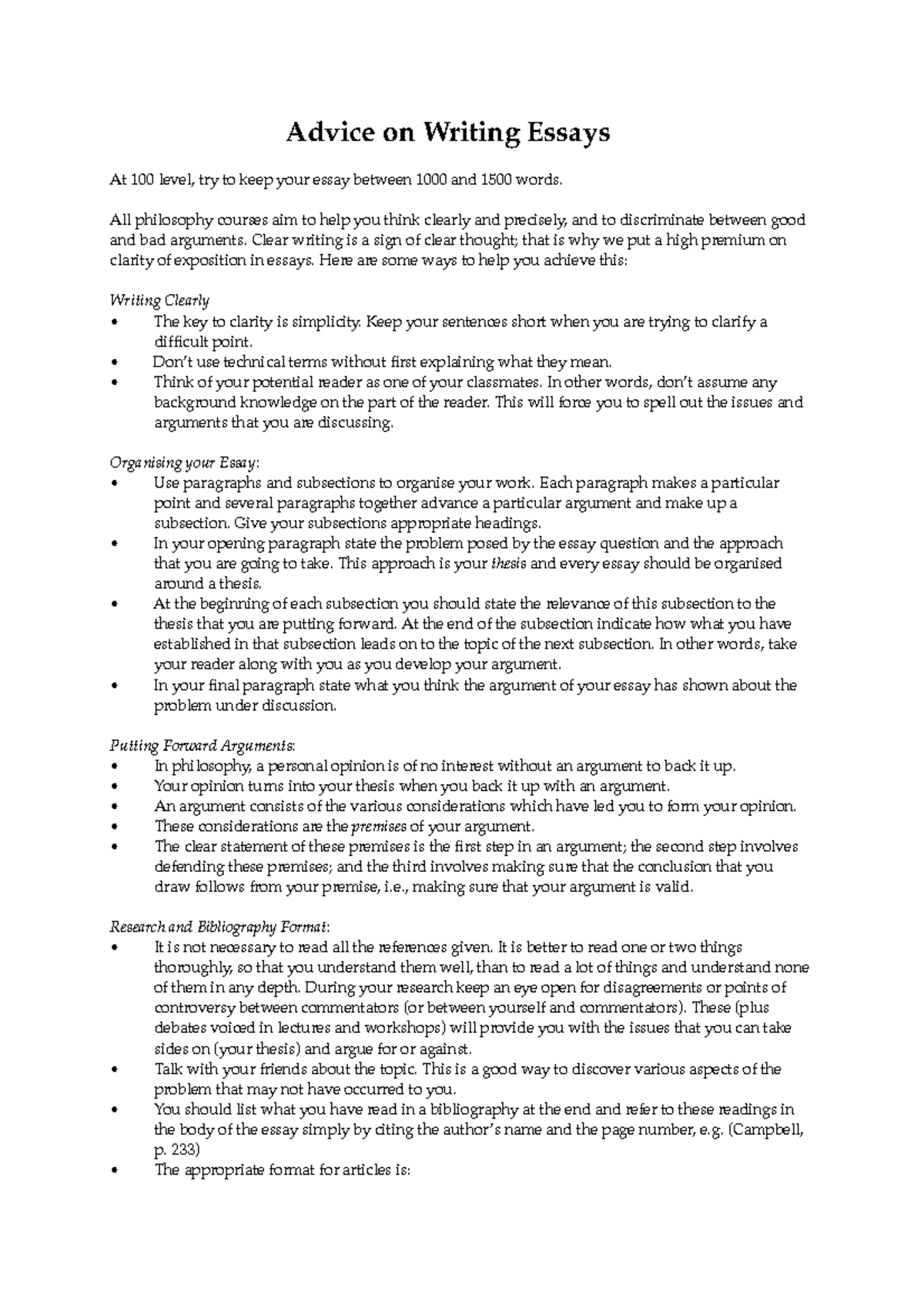 Advice on writing essays - Advice on Writing Essays At 100 level, try ...