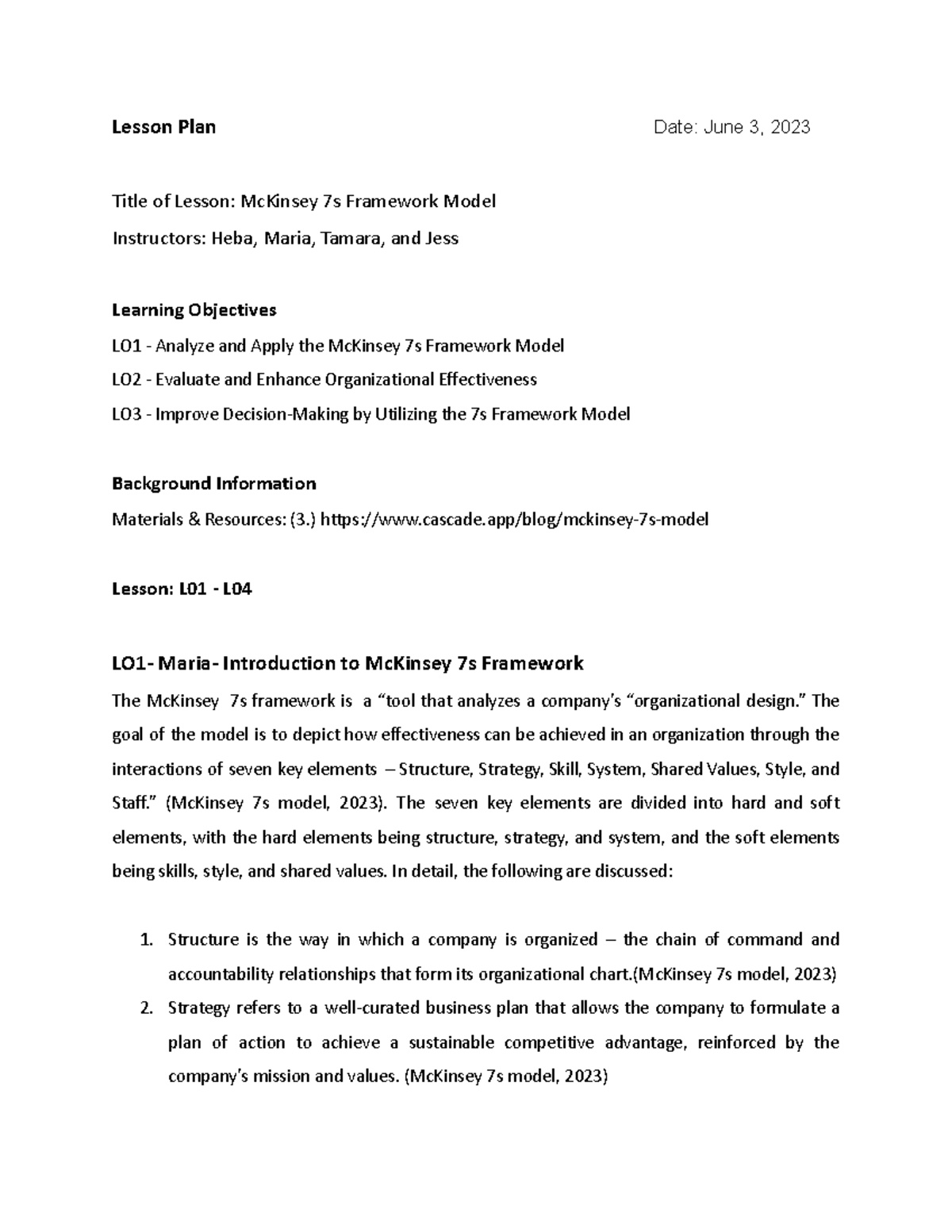 Model Mc Kinsey 7 S Model - Lesson Plan Date: June 3, 2023 Title of ...