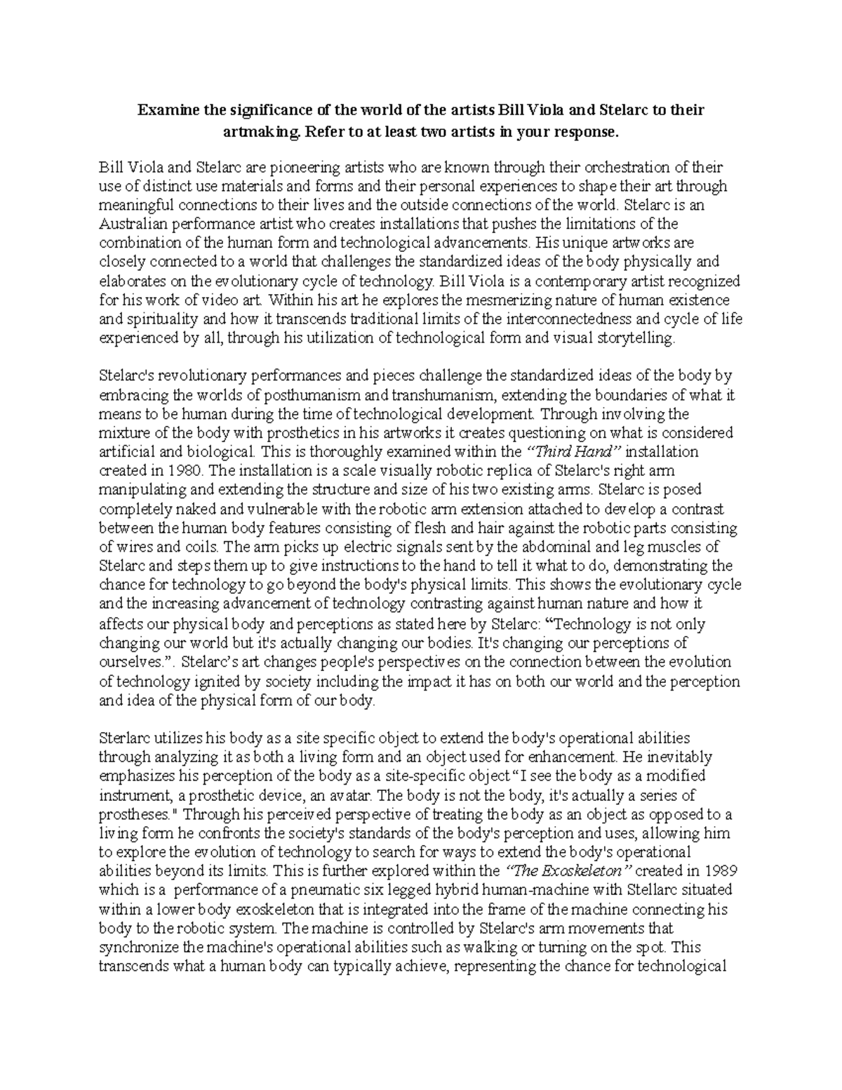Assessmemt Visual Arts Essay - Stelarc and Viola - Examine the ...