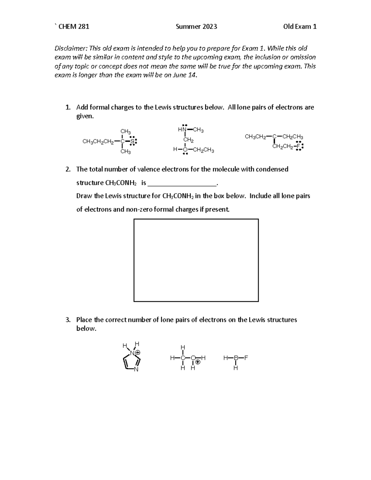 Chem 281 practice exam - ` CHEM 281 Summer 2023 Old Exam 1 Disclaimer ...
