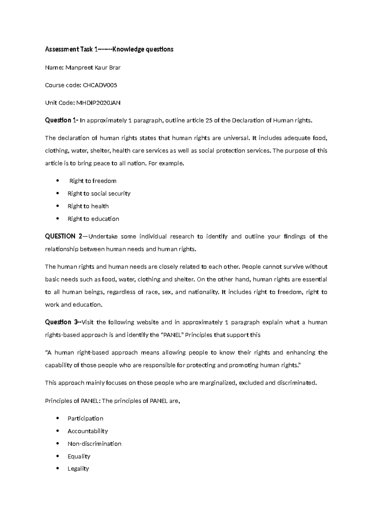 Assignment one except 20 ques - Assessment Task 1-Knowledge questions ...