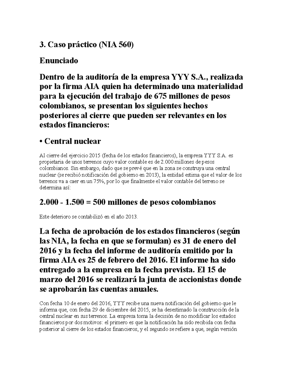 CASO NIA 560 (1) - Apuntes 1 - 3. Caso práctico (NIA 560) Enunciado ...