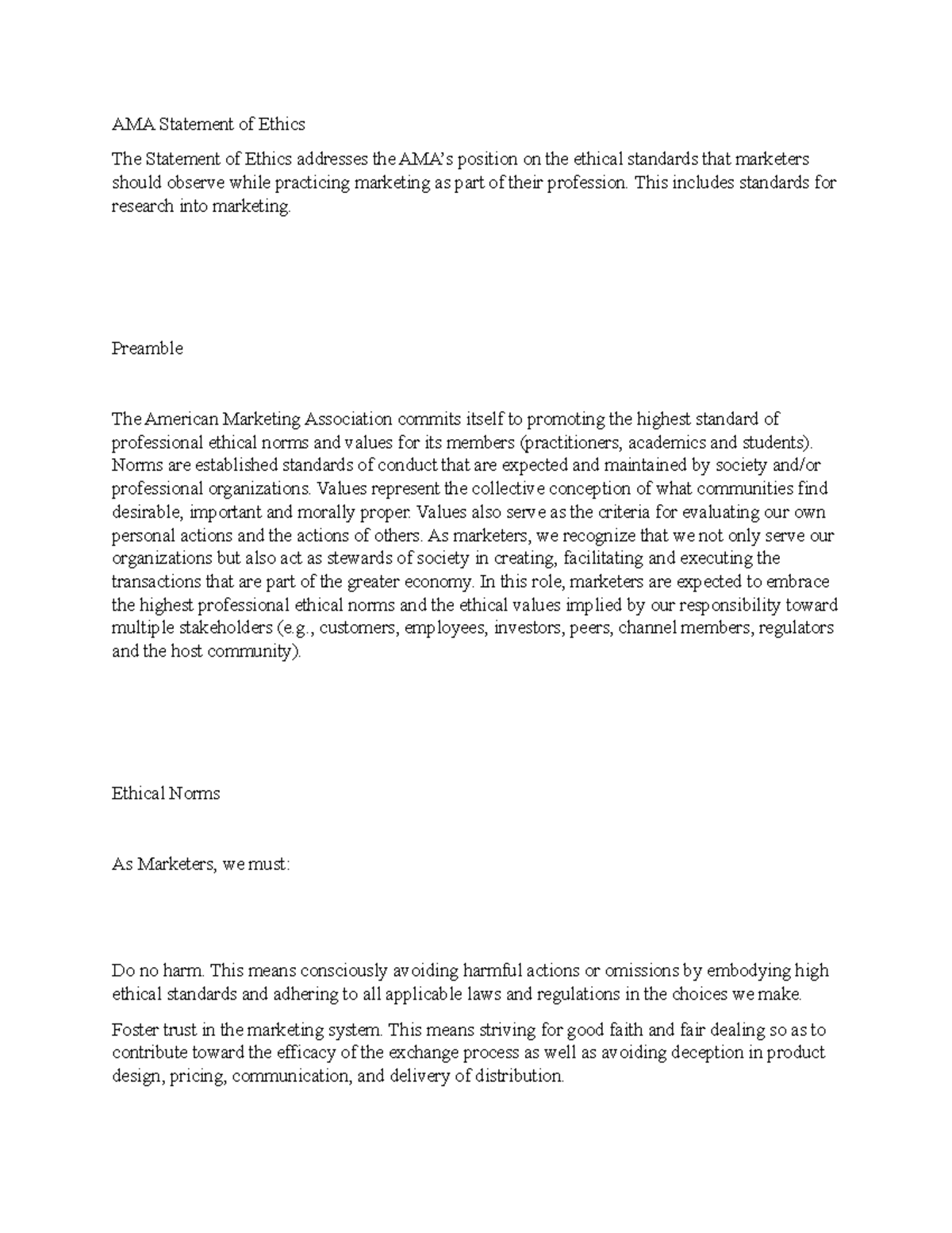 AMA Statement of Ethics - This includes standards for research into ...