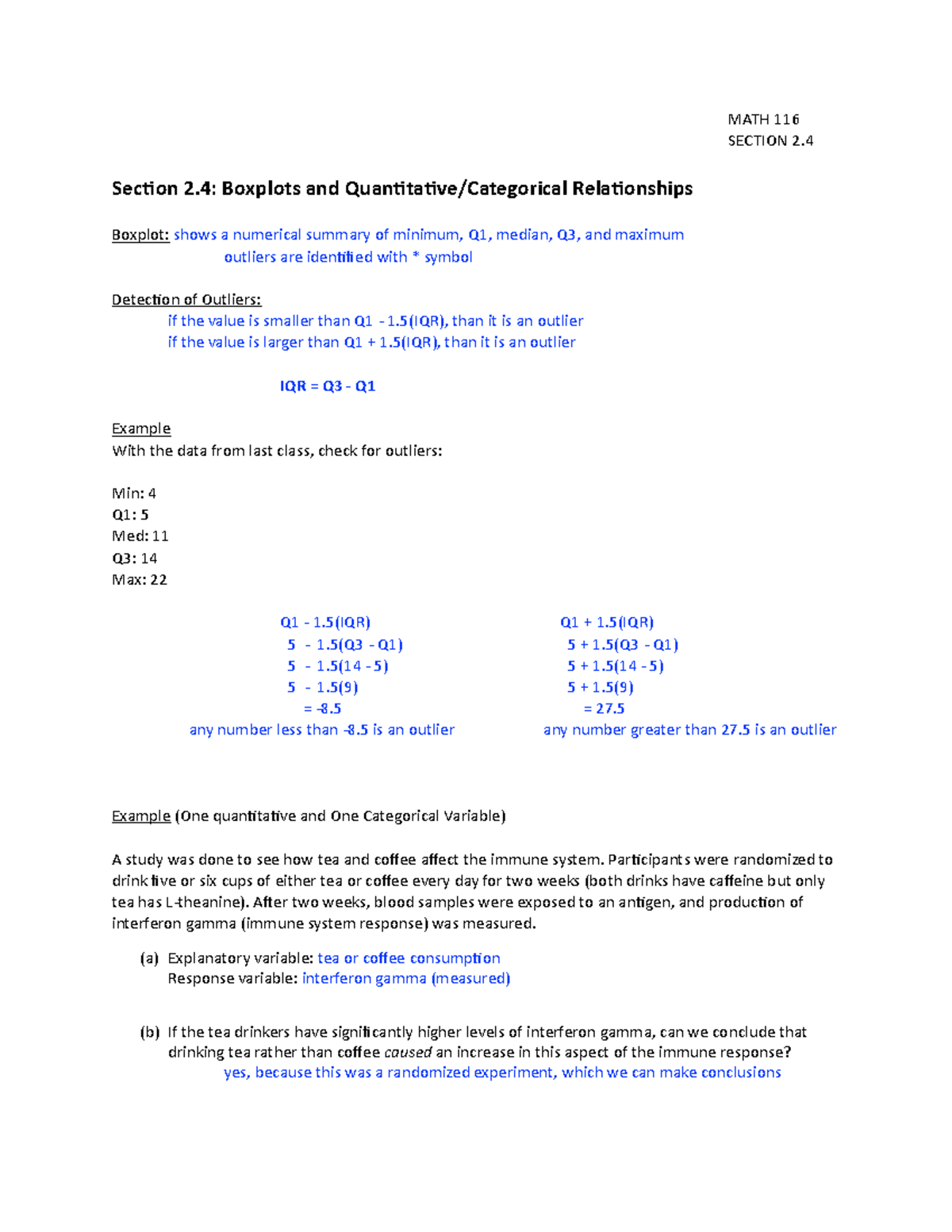 Math 116: Section 2.4 Notes - MATH 116 SECTION 2. Secon 2: Boxplots and ...