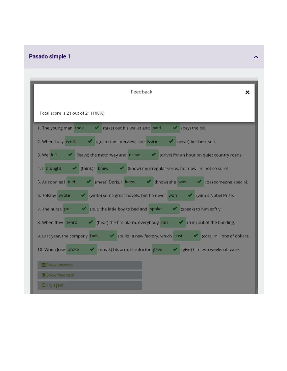 Lara Ariel Past simple - Tarea - Pasado simple 1 Feedback Total score ...