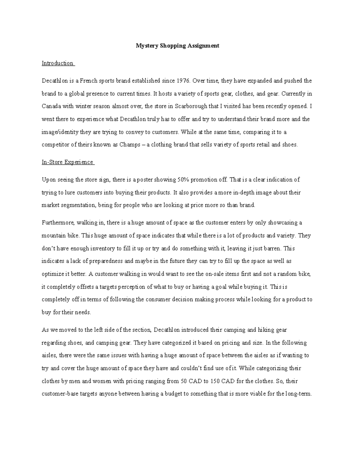 Decathlon - Assignment of Mystery shopping - Mystery Shopping ...