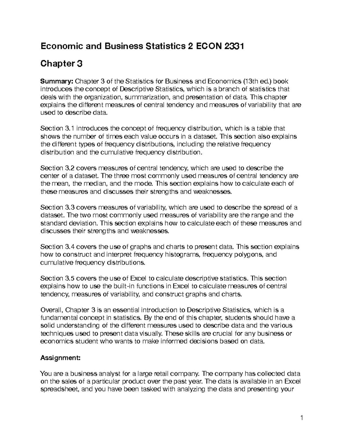 ECON 2331 - Chapter 3 - Economic and Business Statistics 2 ECON 2331 ...