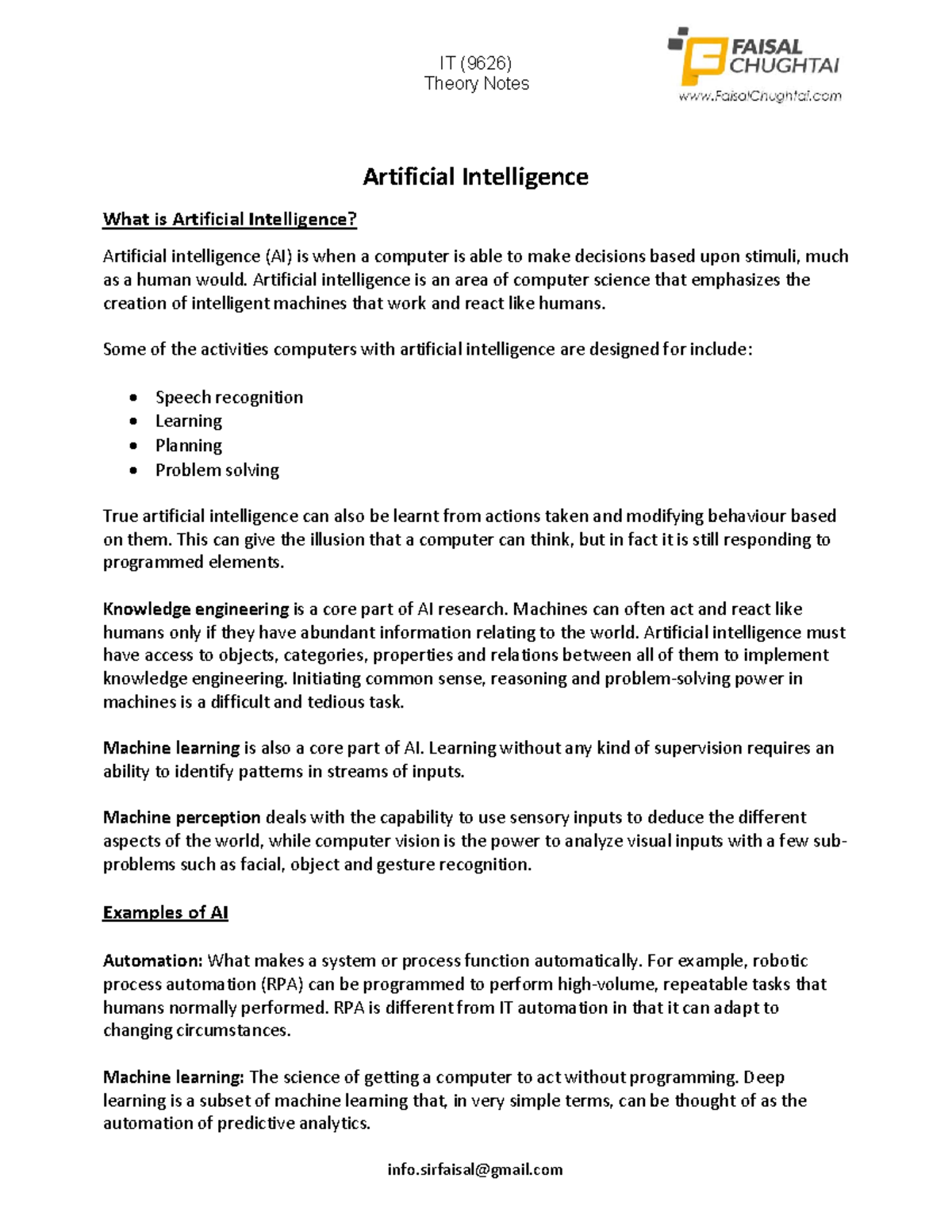 Artificial Intelligence Swebzrt - IT (9626) Theory Notes info@gmail ...